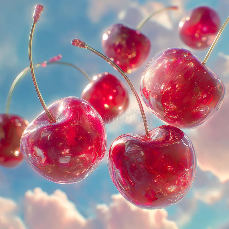 Hyper-realistic Flying Cherries, Glassy Translucent Texture, Glossy ...