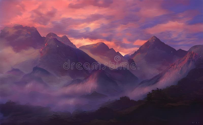 Hyper-realistic Illustration of Cloudy Mountains with Colorful Sunset ...