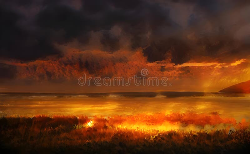 Hyper-realistic Illustration of a Fantastic Sunset Over a Lake Stock ...