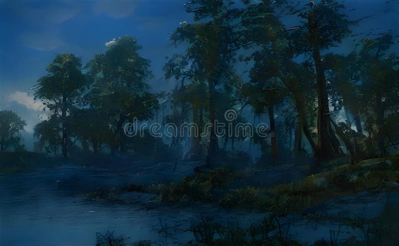 Hyper-realistic Illustration of a Forest Near a Lake at Dusk Stock ...