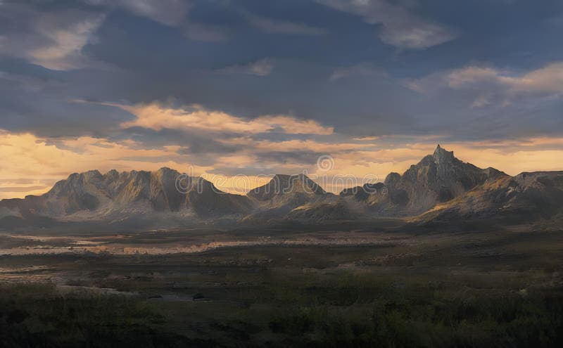 Hyper-realistic Illustration of Green Meadow River and Mountains with ...