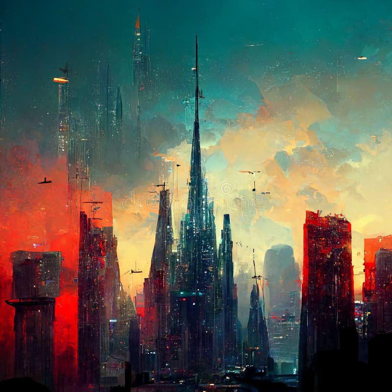 Hyper-realistic Illustration of Modern Skyscrapers Against a Cloudy Sky ...