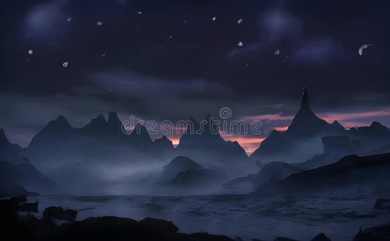 Hyper-realistic Illustration of a River and Silhouettes of Mountains ...