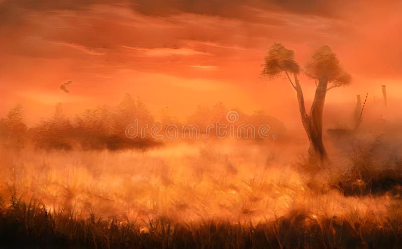 Hyper-realistic Illustration of a Tree in a Meadow during Sunset Stock ...