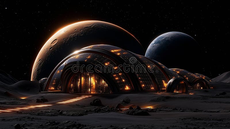 Futuristic Lunar Bases with Glowing Structures Stock Photo - Image of ...
