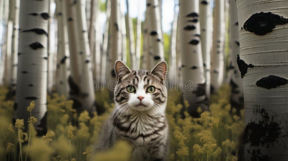 Hyper Realistic Image of Black Tabby Cat Feeding in Aspen Tree Grove ...