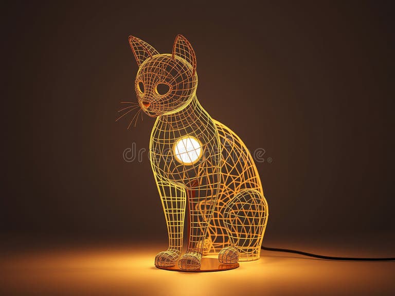 Hyper-realistic Image of an Cat Shaped Lamp with Intricate Wireframe ...