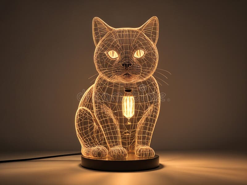 Hyper-realistic Image of an Cat Shaped Lamp with Intricate Wireframe ...