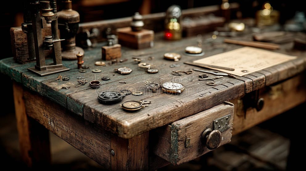 Hyper-realistic Old Mechanical Workshop Table with Clock Parts, Tools ...