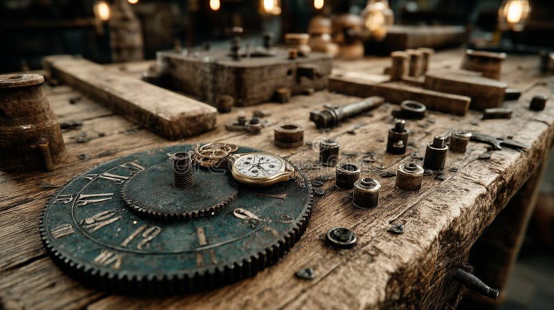 Hyper-realistic Old Mechanical Workshop Table with Clock Parts, Tools ...