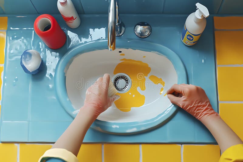 Hyper-Realistic Image of Professional Cleaner Scrubbing Sink and Tiles ...