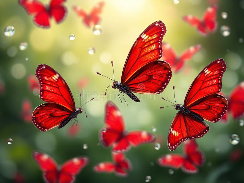 A Hyper-realistic Image of Red Butterflies in Mid-air, Their Wings ...