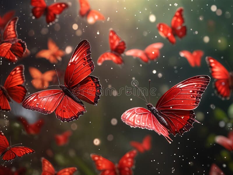 A Hyper-realistic Image of Red Butterflies in Mid-air, Their Wings ...