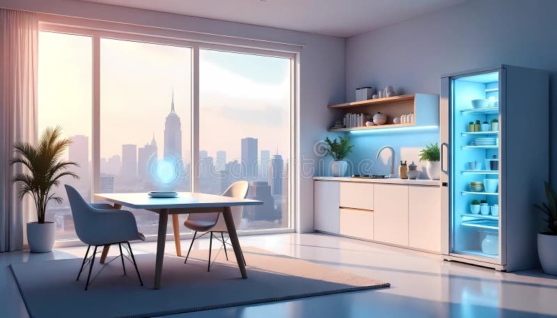 A Modern Living Room with a Large Window Overlooking a City Stock Photo ...