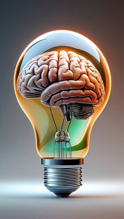Hyper-Realistic Light Bulb with Human Brain and Reflective Glass Stock ...