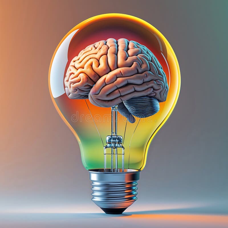 Hyper-Realistic Light Bulb with Human Brain and Reflective Glass Stock ...