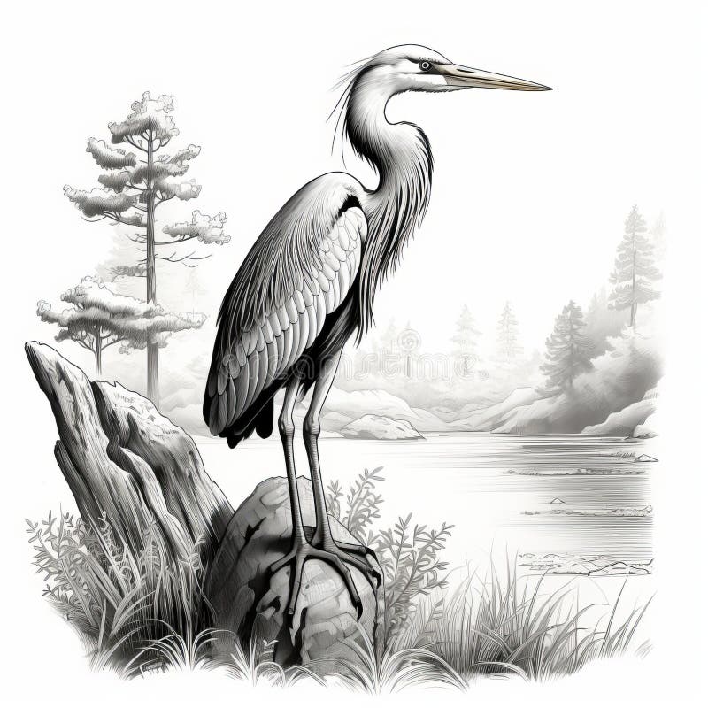 Hyper-realistic Line Art: Majestic Heron Standing on Mossy Rock Stock ...
