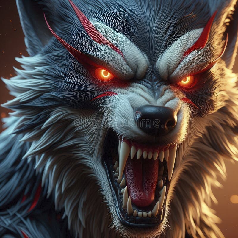 Hyper Realistic Macro of a Fierce Wolf Growling with Sharp Red Eyes on ...