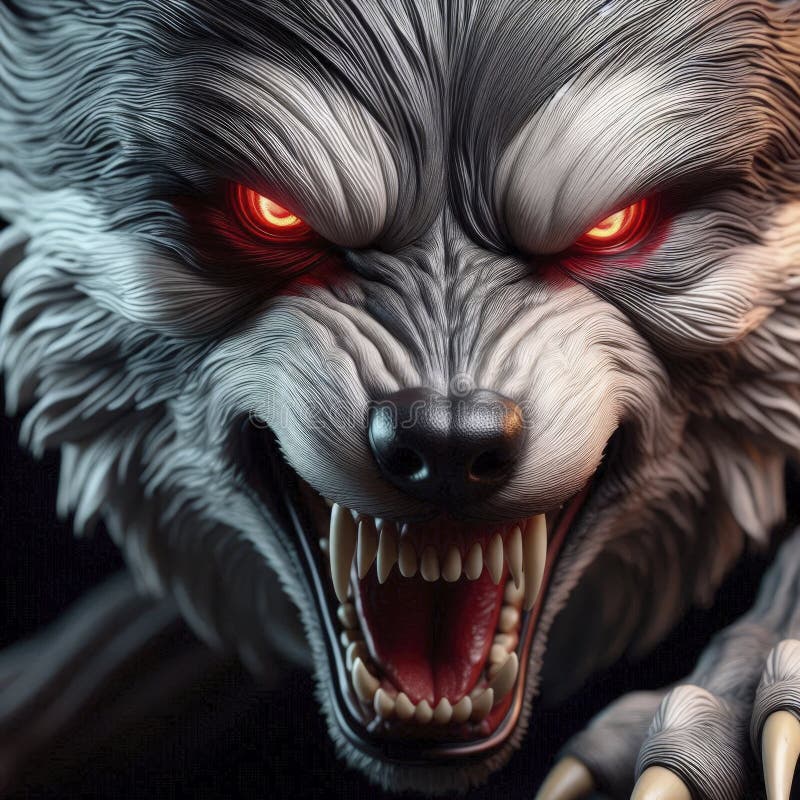 Hyper Realistic Macro of a Fierce Wolf Growling with Sharp Red Eyes on ...