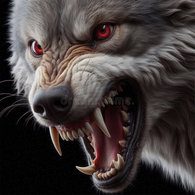 Hyper Realistic Macro of a Fierce Wolf Growling with Sharp Red Eyes on ...