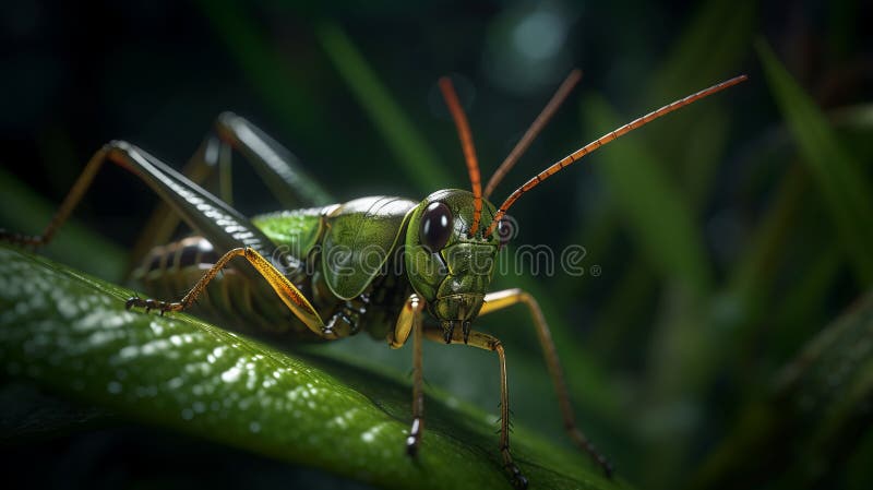 Hyper-realistic Macro Image of a Grasshopper on a Dewy Blade of Grass ...
