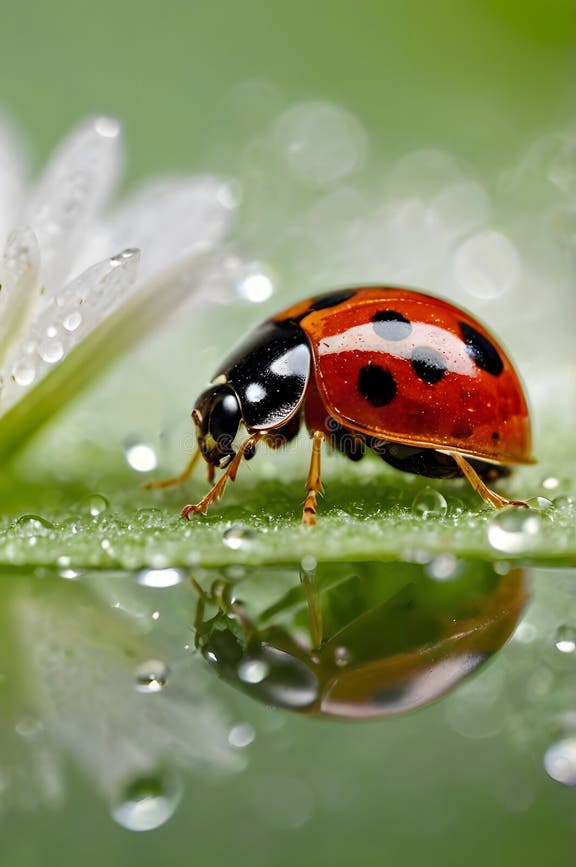 Macro Image of a Ladybug with Dewdrops on a Leaf — AI-generated Stock ...