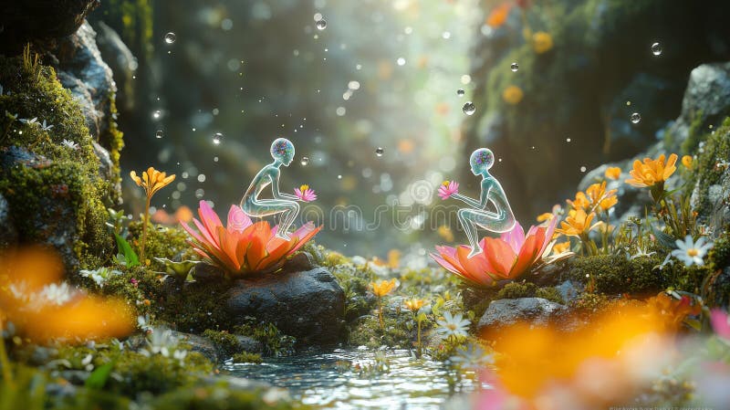 Fantasy Flower Spirits in Glowing Forest Micro-landscape Stock ...