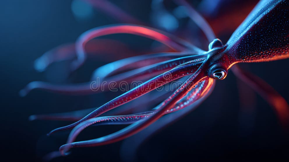 Closeup of a Glowing Squid with Colorful Skin and Luminous Tentacles ...
