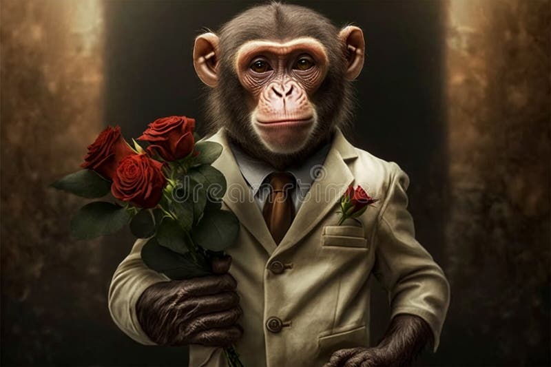 Hyper Realistic, Monkey in Suit Standing with Roses in Hands ...