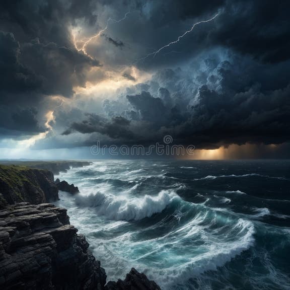 Hyper?Realistic Ocean Storm with Lightning and Cliff Waves Stock Photo ...