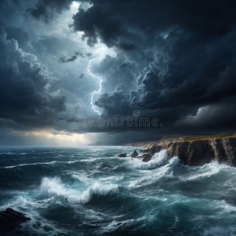 Hyper?Realistic Ocean Storm with Lightning and Cliff Waves Stock Image ...