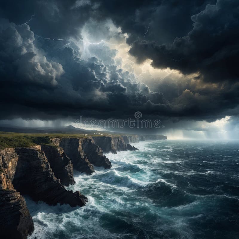 Hyper?Realistic Ocean Storm with Lightning and Cliff Waves Stock Image ...