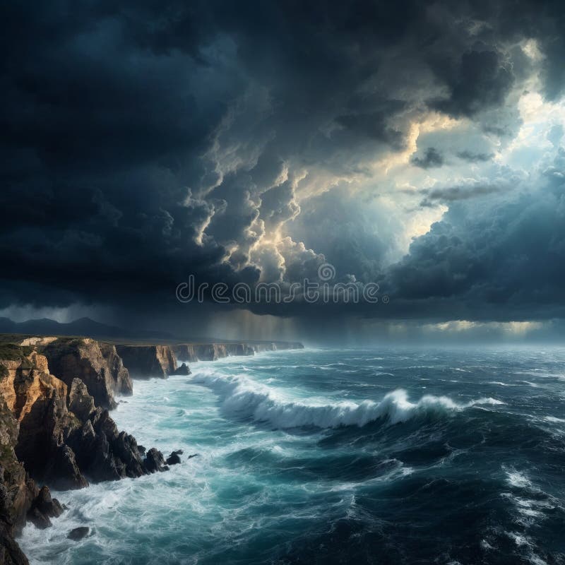 Hyper?Realistic Ocean Storm with Lightning and Cliff Waves Stock Photo ...