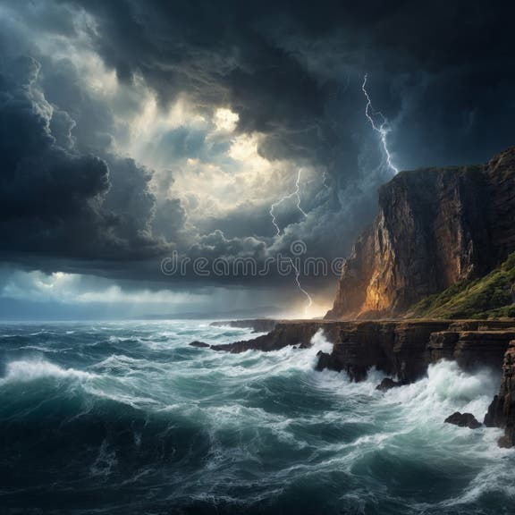 Hyper?Realistic Ocean Storm with Lightning and Cliff Waves Stock Image ...