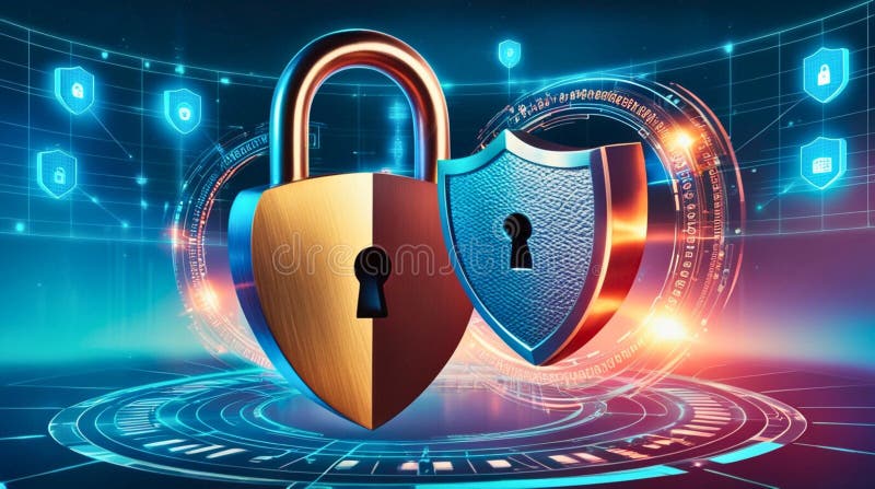 Hyper-Realistic Padlock and Shield in Digital Security Space Stock ...