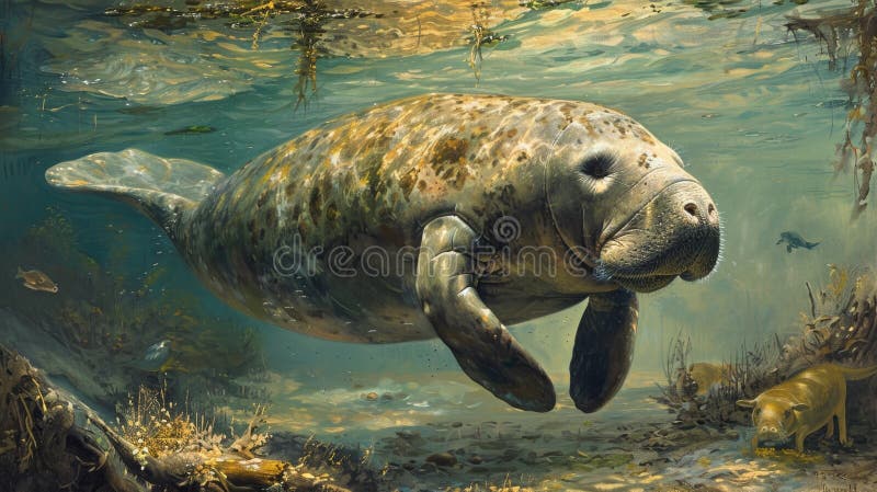 Hyper Realistic Painting of Manatee in Detailed Habitat with Clear ...