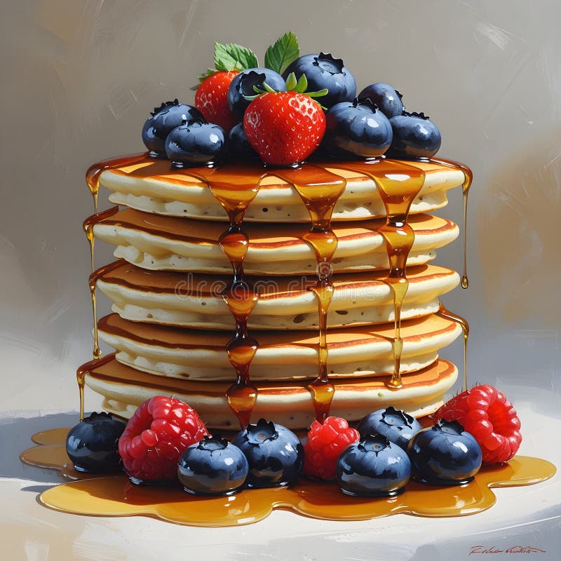 A Hyper-realistic Painting of a Stack of Fluffy Pancakes Drizzled with ...