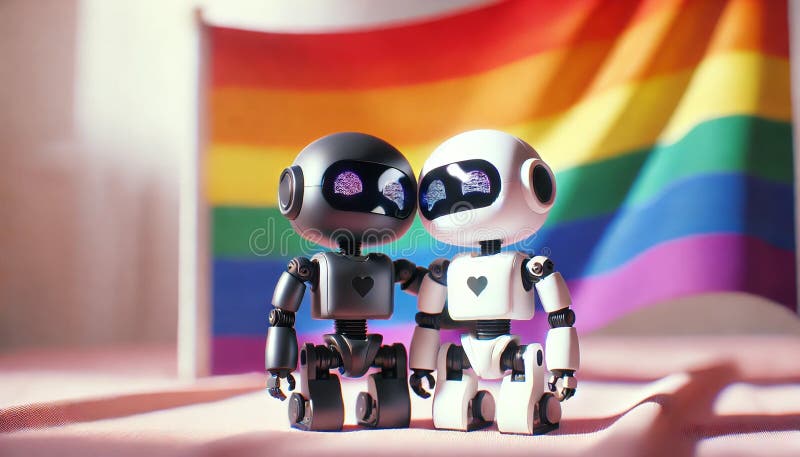Affectionate Black and White Robots with LGBTQIA+ Flag Background Stock ...