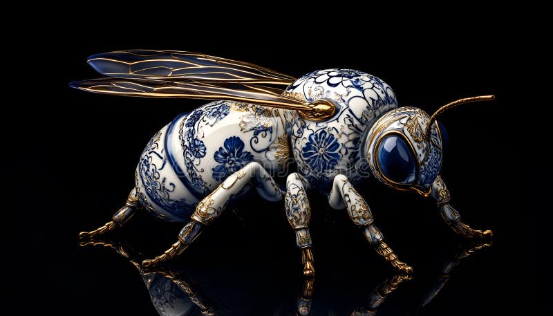 Hyper-realistic Porcelain Bee, Blue and White Porcelain, Gold Accents ...