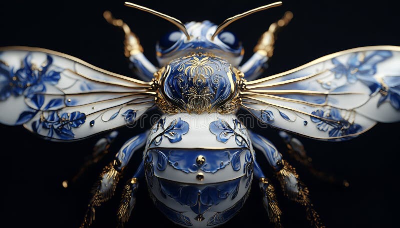 Hyper-realistic Porcelain Bee, Blue and White Porcelain, Gold Accents ...