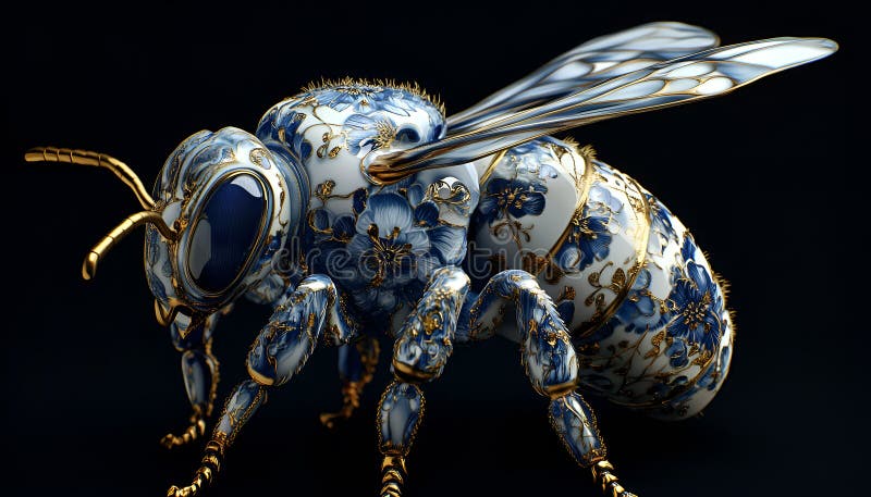 Hyper-realistic Porcelain Bee, Blue and White Porcelain, Gold Accents ...