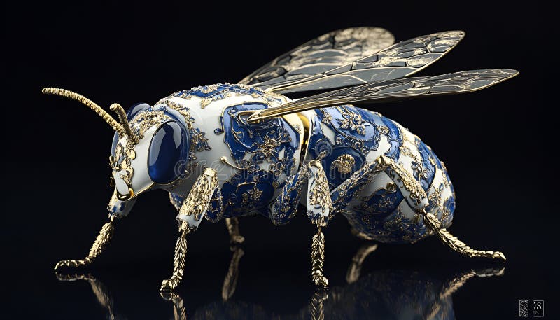 Hyper-realistic Porcelain Bee, Blue and White Porcelain, Gold Accents ...
