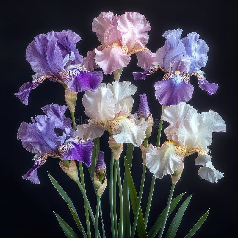 Hyper-Realistic Purple and White Iris on Black Background Stock Photo ...