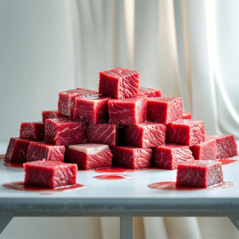 Hyper Realistic Red Meat Cubes on Pristine White Table Stock ...