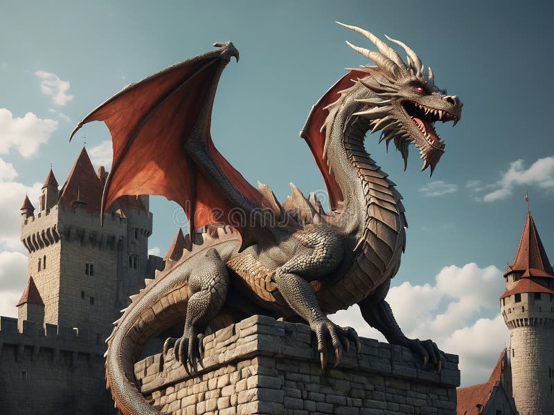 A Hyper-realistic Render of a Mythical Dragon Perched Atop a Medieval ...