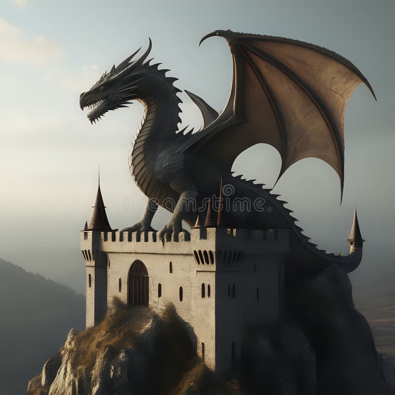 A Hyper-realistic Render of a Mythical Dragon Perched Atop a Medieval ...