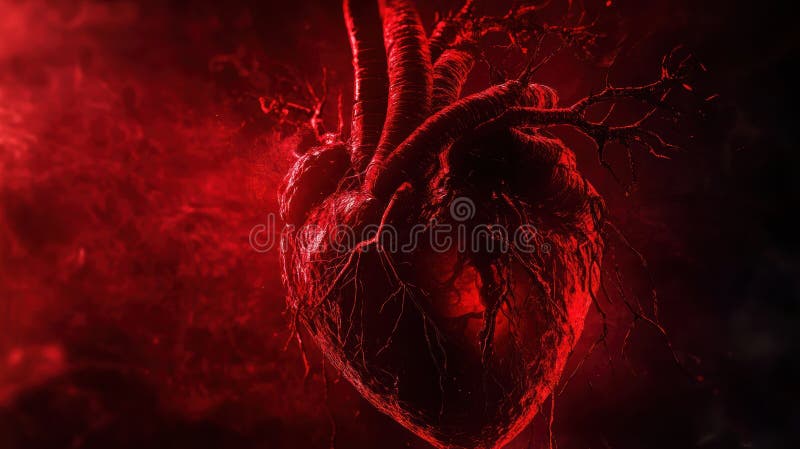 Digital Art Depicting a Realistic Human Heart Surrounded by Dark Red ...