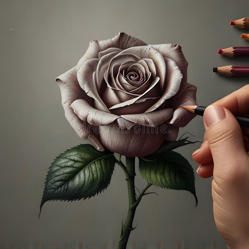 Hyper-Realistic Rose Drawing with Colored Pencils Stock Illustration ...