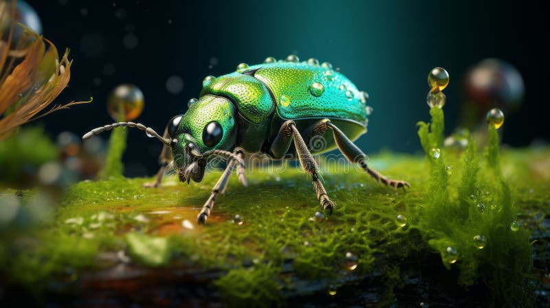 Hyper-realistic Sci-fi Beetle in Rainy Forest with Water Drops Stock ...