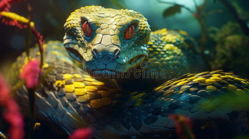 Hyper-realistic Sci-fi Serpent Resting Amongst Vegetation Stock ...